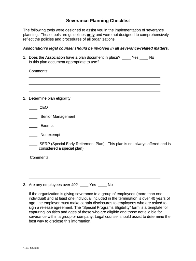 Severance Planning Checklist Doc Template | pdfFiller