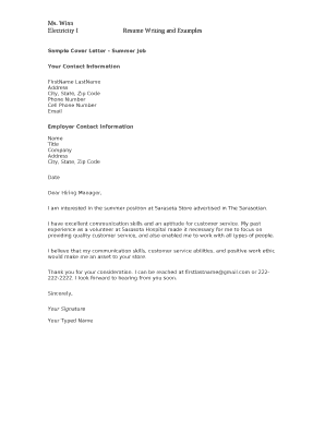 Sample Cover Letter - Summer Job Doc Template | pdfFiller