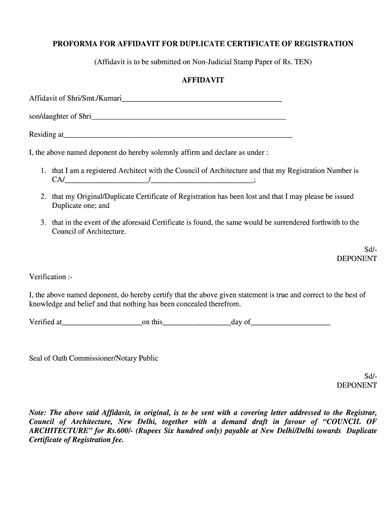 Fillable Online PROFORMA FOR AFFIDAVIT FOR DUPLICATE CERTIFICATE OF REGISTRATION Fax Email Print ...