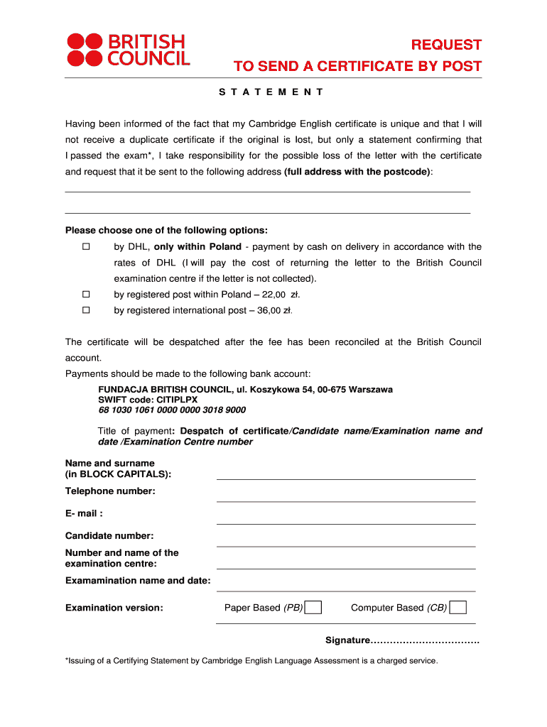 Fillable Online TO SEND A CERTIFICATE BY POST Fax Email Print - pdfFiller