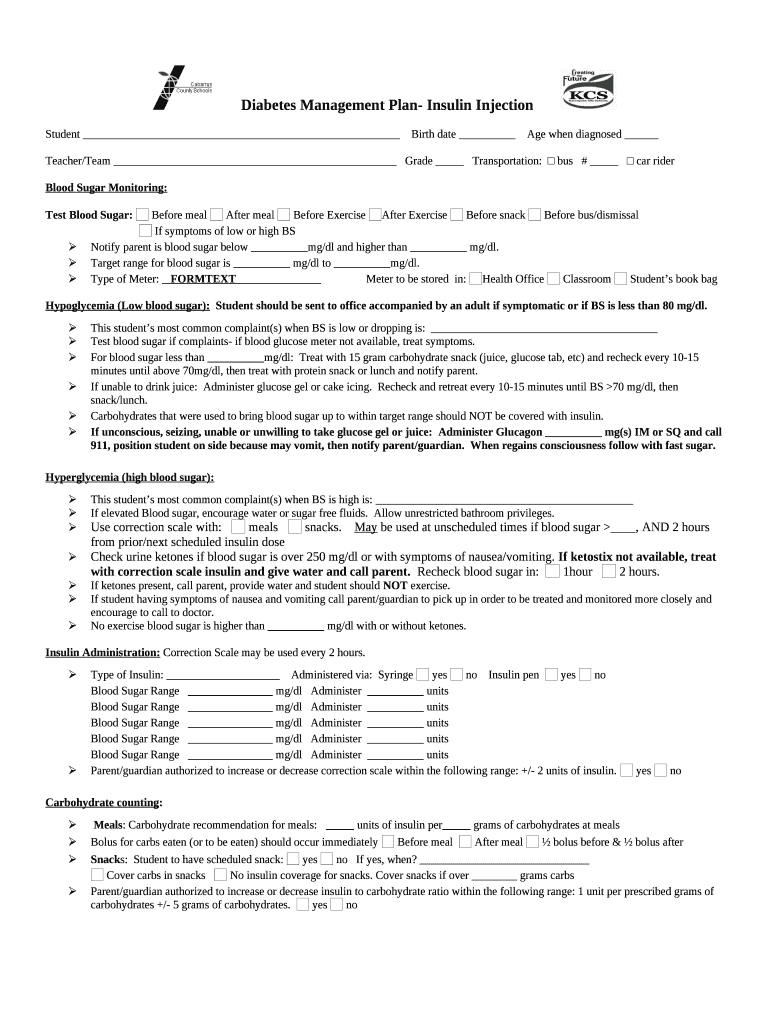 Diabetes Management Plan- Insulin Injection Doc Template | pdfFiller
