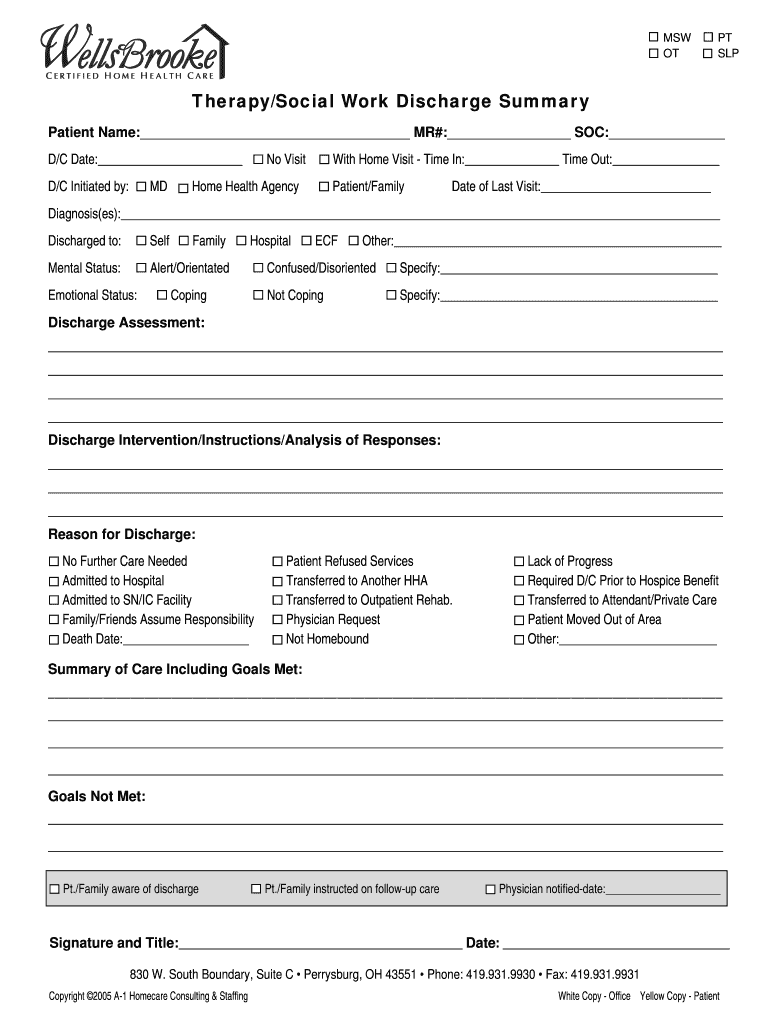 Fillable Online Therapy/Social Work Discharge Summary Fax Email Print ...
