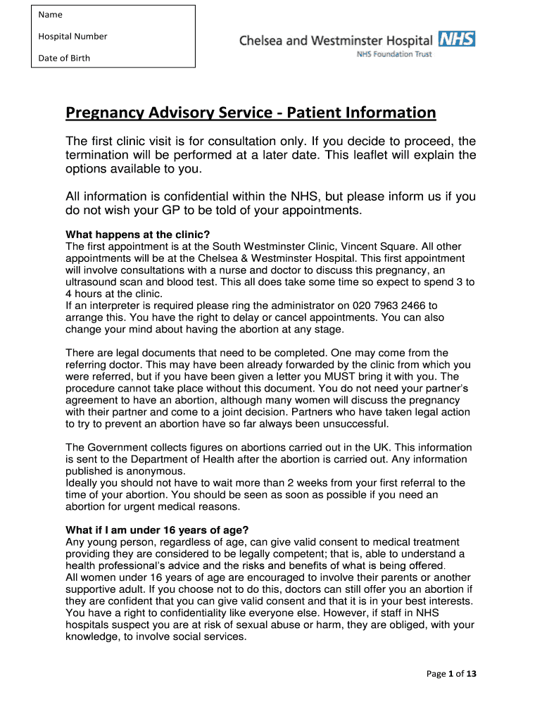 Fillable Online Pregnancy Advisory Service - Patient Information Fax ...