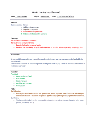 Fillable Online Weekly Learning Logs (Example) Fax Email Print - pdfFiller