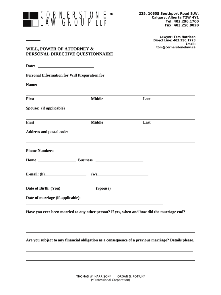 PERSONAL DIRECTIVE QUESTIONNAIRE Doc Template | pdfFiller