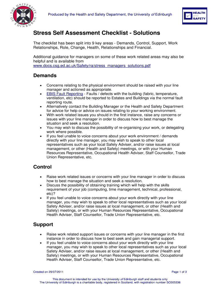 Fillable Online Stress Self Assessment Checklist - Solutions Fax Email ...