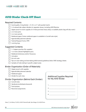 Fillable Online AVID Binder Check-Off Sheet Fax Email Print - pdfFiller