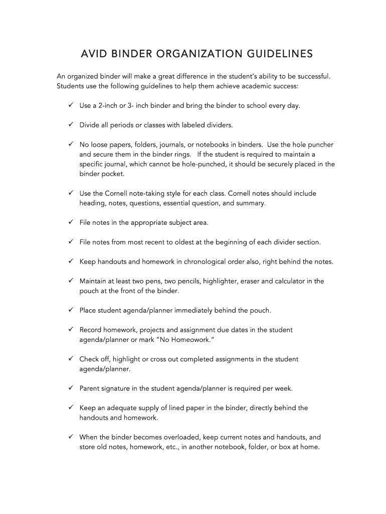 Fillable Online AVID BINDER ORGANIZATION GUIDELINES Fax Email Print ...