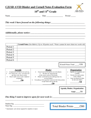 Fillable Online CJUSD AVID Binder and Cornell Notes Evaluation Form Fax ...