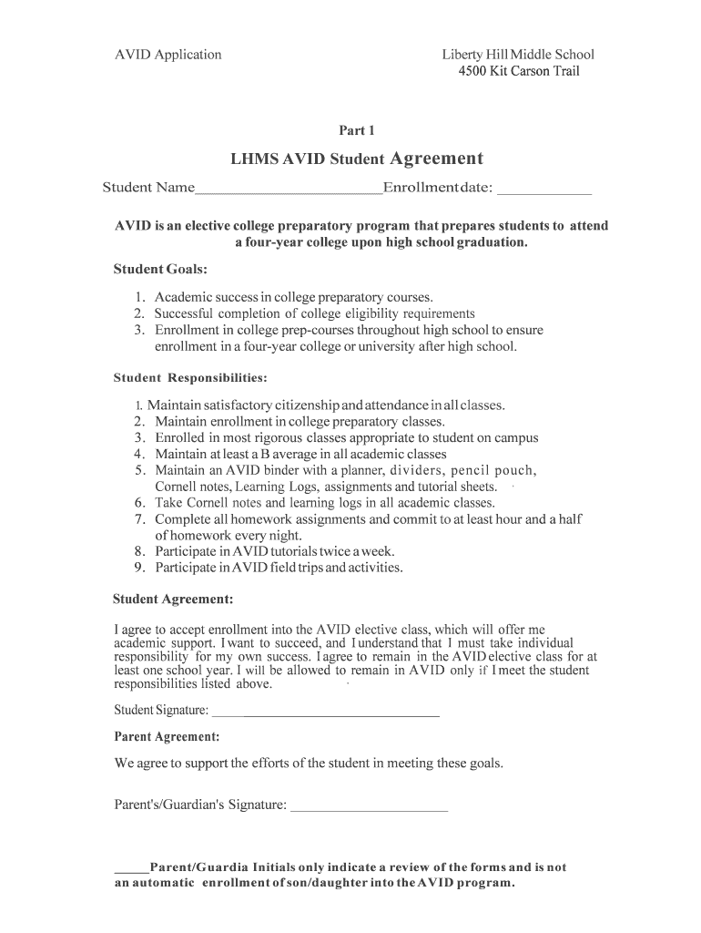Fillable Online LHMS AVID Student Agreement Fax Email Print - pdfFiller