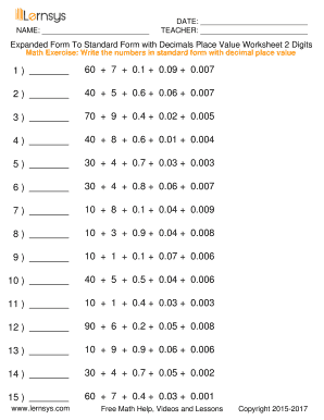 Fillable Online Expanded Form To Standard Form with Decimals Place ...