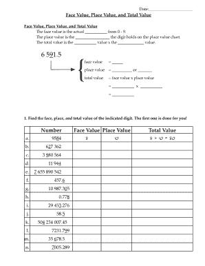 Fillable Online Face Value, Place Value, and Total Value Fax Email ...