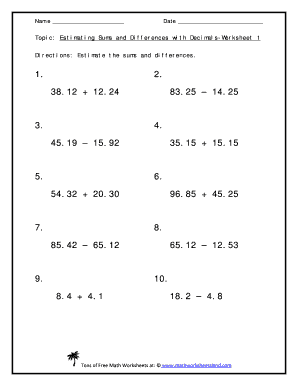 Fillable Online Topic: Estimating Sums and Differences with Decimals ...