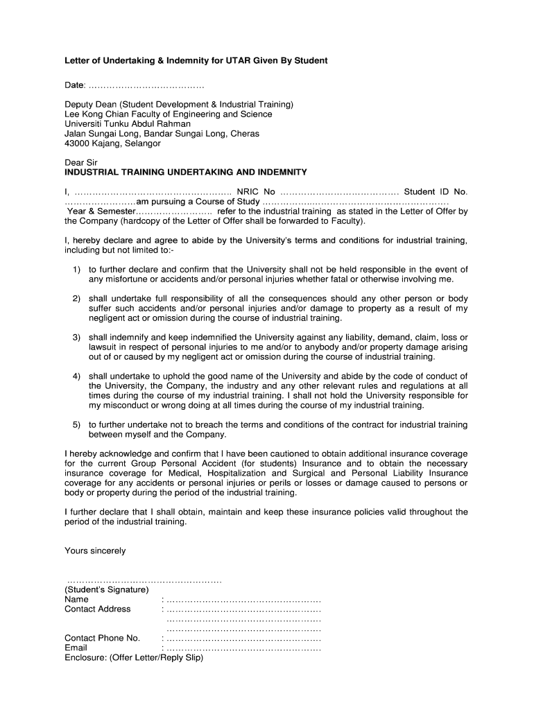 Fillable Online Letter of Undertaking & Indemnity for UTAR Given By ...