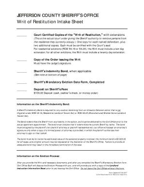 Fillable Online Writ of Restitution Intake Sheet Fax Email Print ...