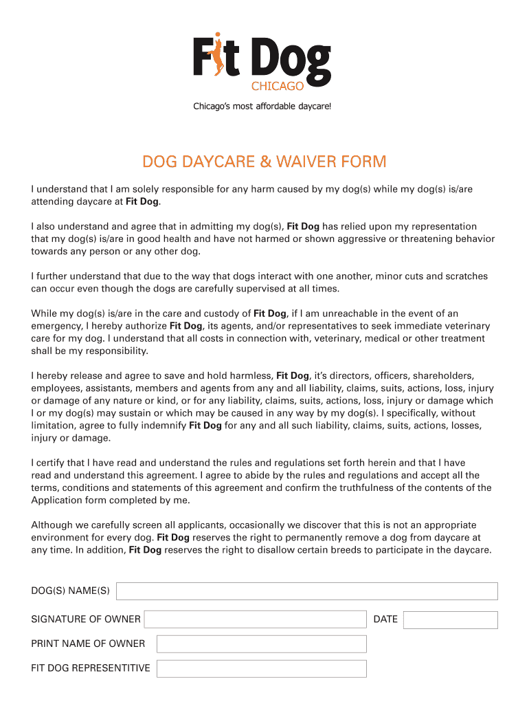 Fillable Online DOG DAYCARE & WAIVER FORM Fax Email Print - pdfFiller