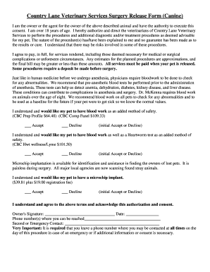 Fillable Online Country Lane Veterinary Services Surgery Release Form ...