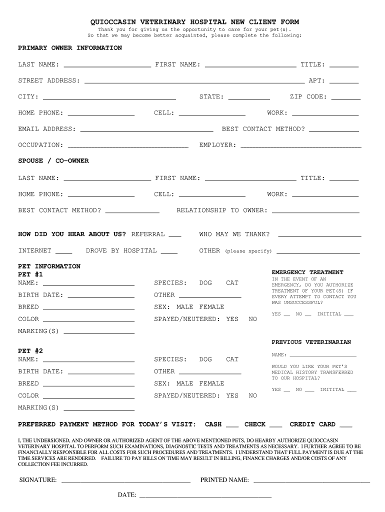 Fillable Online QUIOCCASIN VETERINARY HOSPITAL NEW CLIENT FORM Fax ...