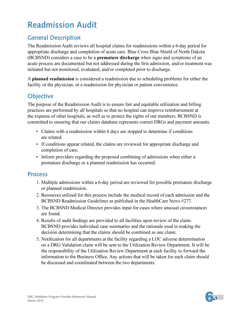 Fillable Online The Readmission Audit reviews all hospital claims for ...