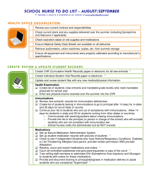 Fillable Online SCHOOL NURSE TO DO LIST - AUGUST/SEPTEMBER Fax Email ...
