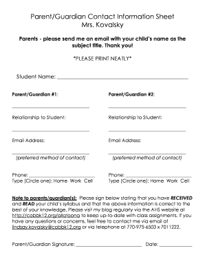 Fillable Online Parent/Guardian Contact Information Sheet Fax Email ...