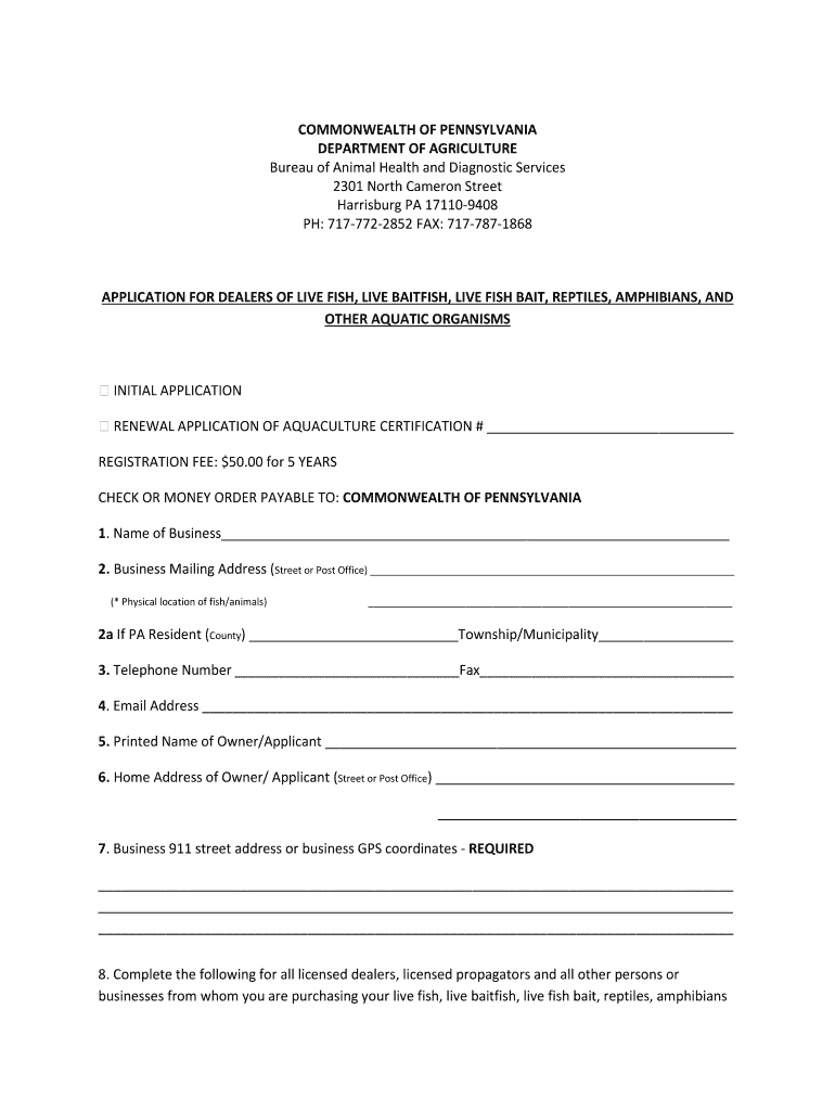 Fillable Online APPLICATION FOR DEALERS OF LIVE FISH, LIVE BAITFISH, LIVE FISH BAIT, REPTILES ...