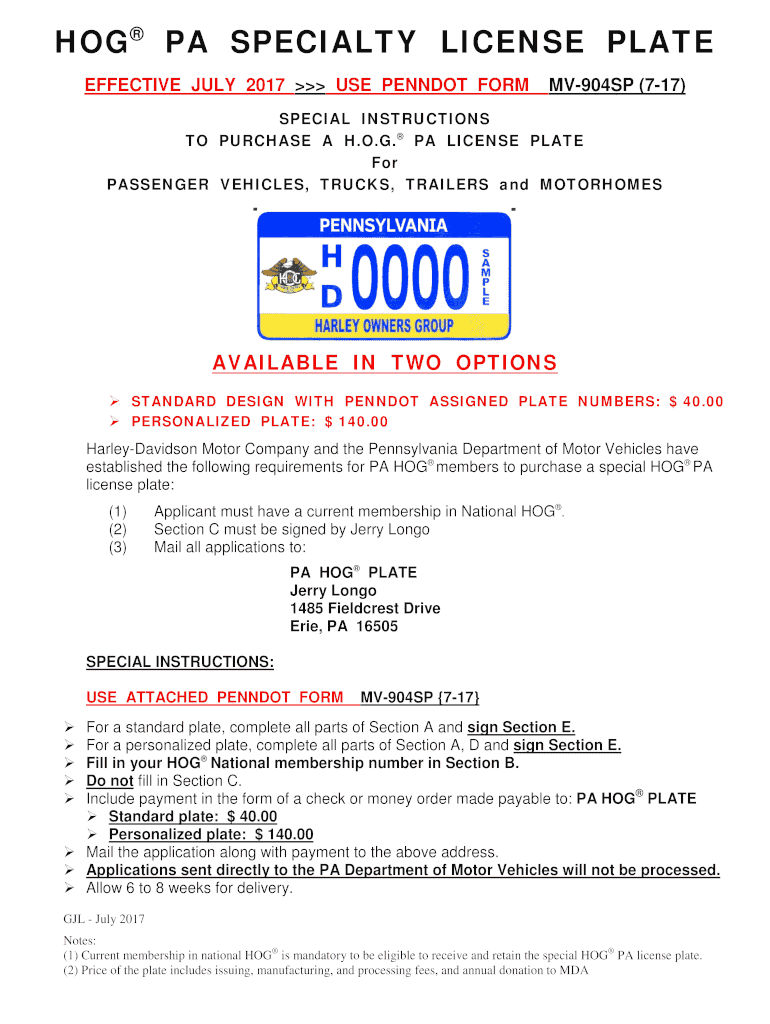 Fillable Online HOG PA SPECIALTY LICENSE PLATE Fax Email Print - pdfFiller