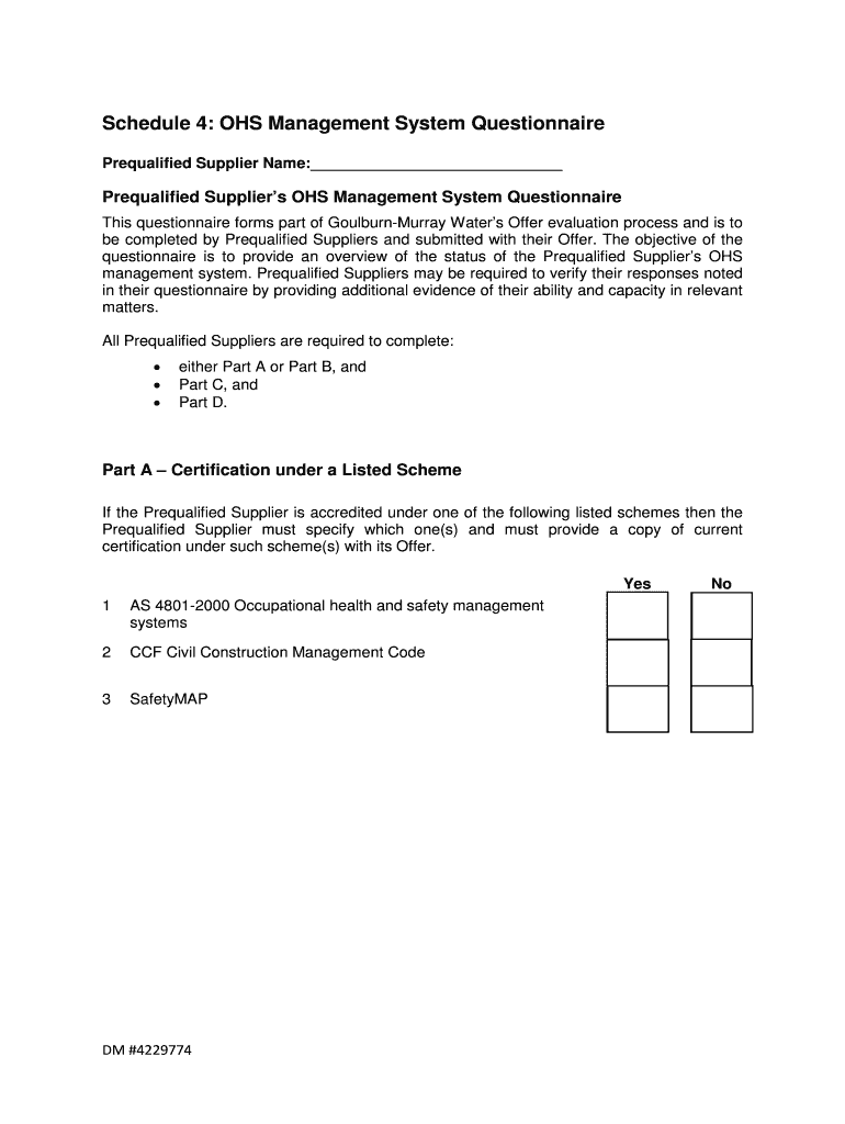 Fillable Online Schedule 4: OHS Management System Questionnaire Fax ...