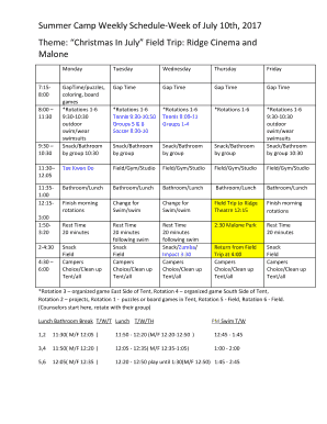 Fillable Online Summer Camp Weekly Schedule-Week of July 10th, 2017 Fax ...