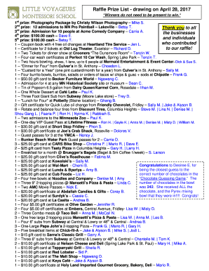 Fillable Online 2017 Raffle Prize List Includes Prizes Valued at More ...