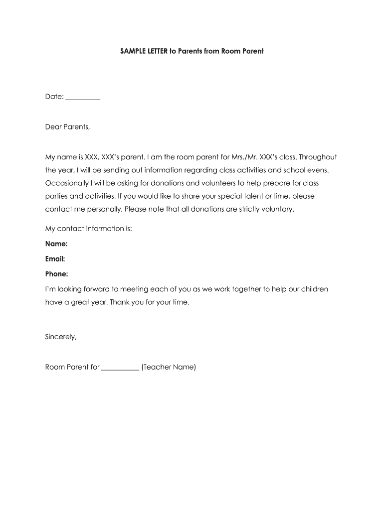 Fillable Online SAMPLE LETTER to Parents from Room Parent Fax Email Print - pdfFiller