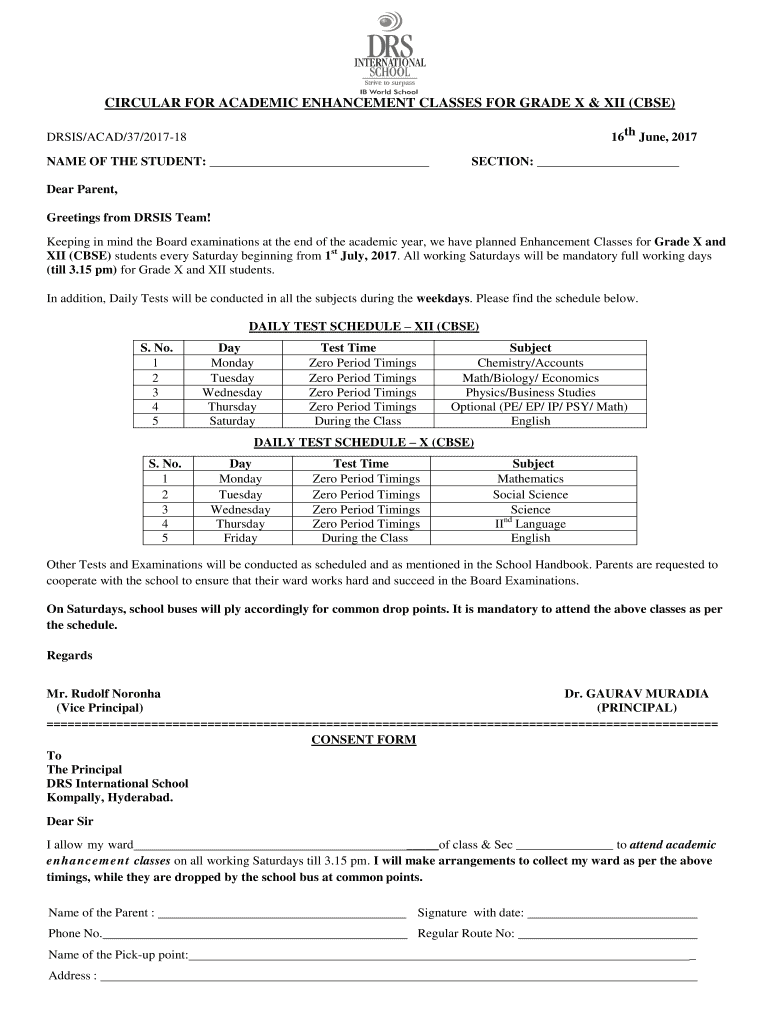 Fillable Online CIRCULAR FOR ACADEMIC ENHANCEMENT CLASSES FOR GRADE X ...