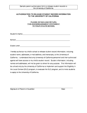 Sample parent authorization to release student records to Doc Template ...