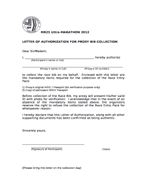 LETTER OF AUTHORIZATION FOR PROXY BIB COLLECTION Doc Template | pdfFiller