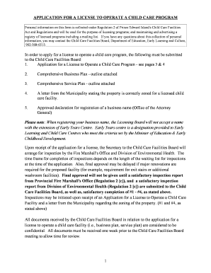 Fillable Online APPLICATION FOR A LICENSE TO OPERATE A CHILD CARE ...