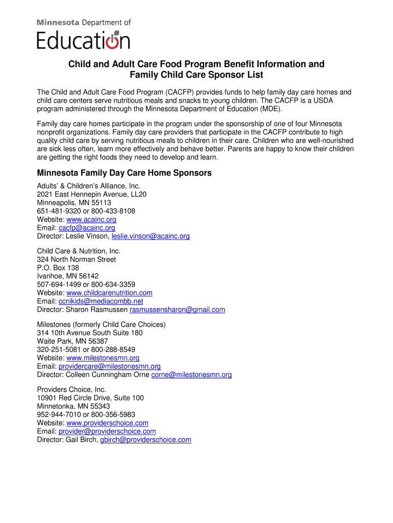 Fillable Online Child and Adult Care Food Program Benefit Information ...