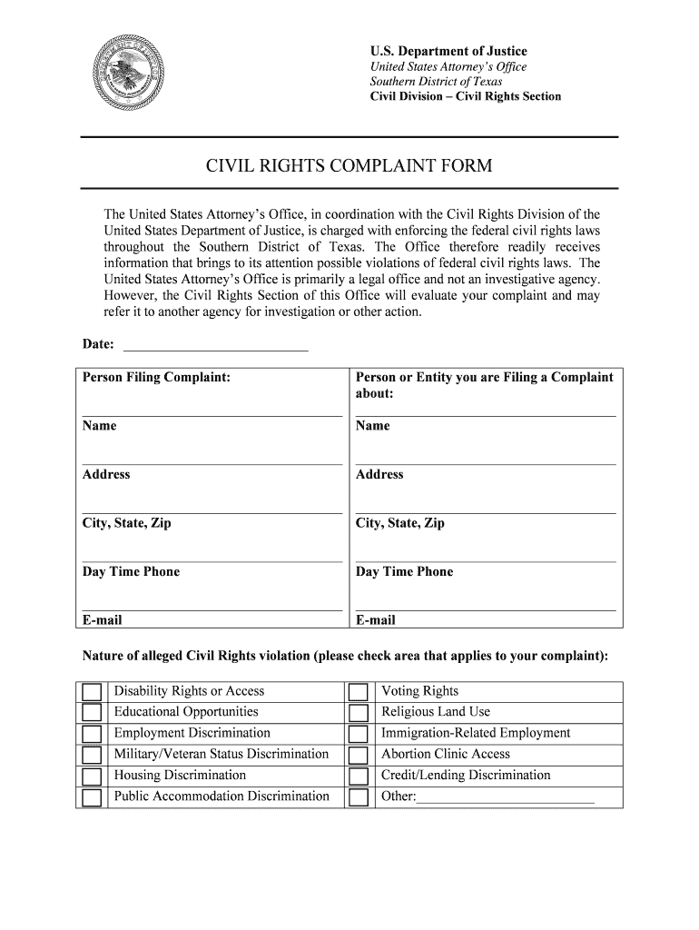 Fillable Online Civil Division Civil Rights Section Fax Email Print ...