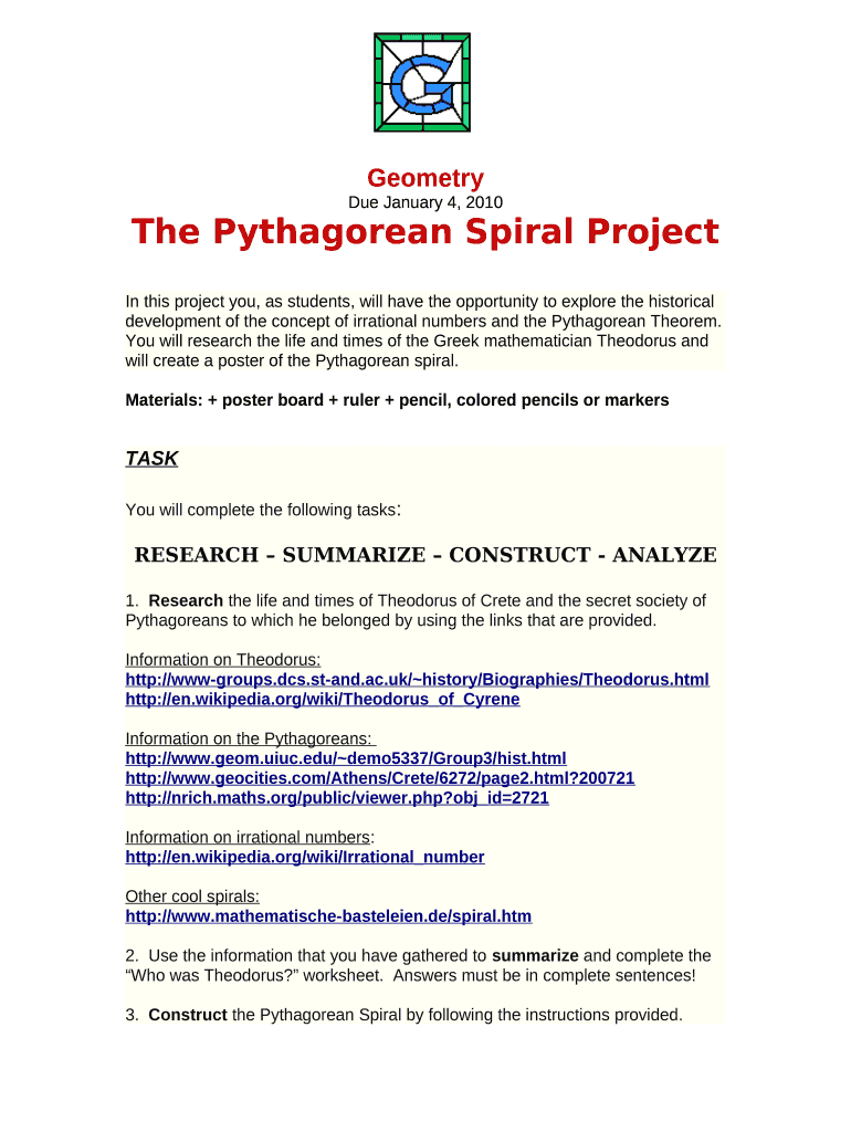 The Pythagorean Spiral Project Doc Template | pdfFiller