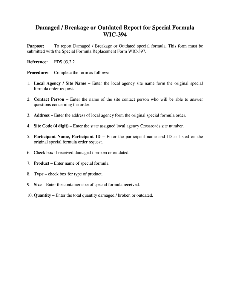 Fillable Online Damaged / Breakage or Outdated Report for Special ...