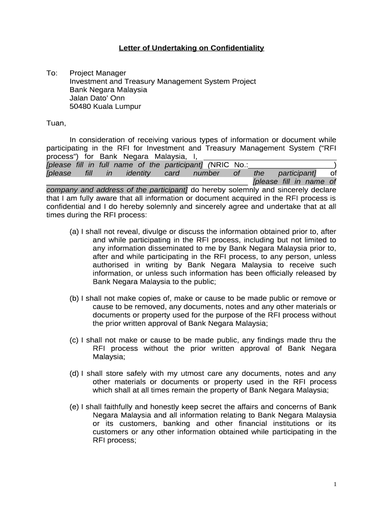 Letter of Undertaking on Confidentiality Doc Template | pdfFiller