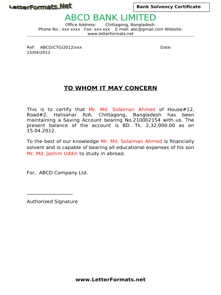 ABCD BANK LIMITED Doc Template | pdfFiller