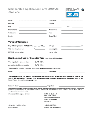 Fillable Online Membership Application Form BMW Z8 Fax Email Print ...