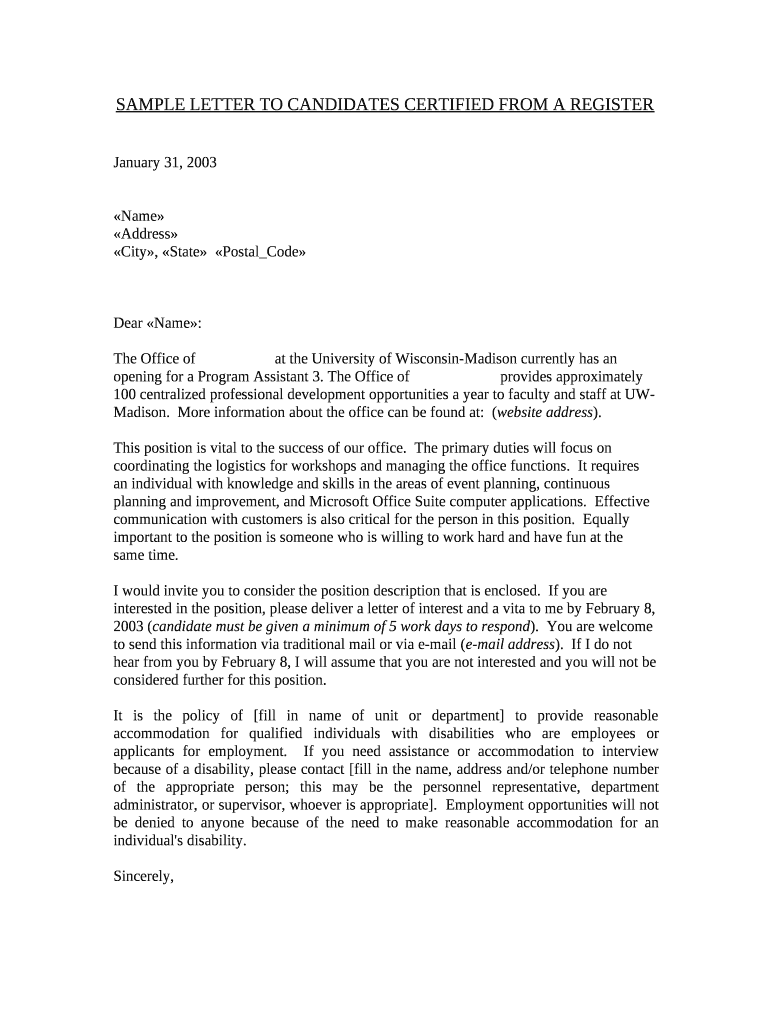 SAMPLE LETTER TO CANDIDATES CERTIFIED FROM A REGISTER Doc Template ...