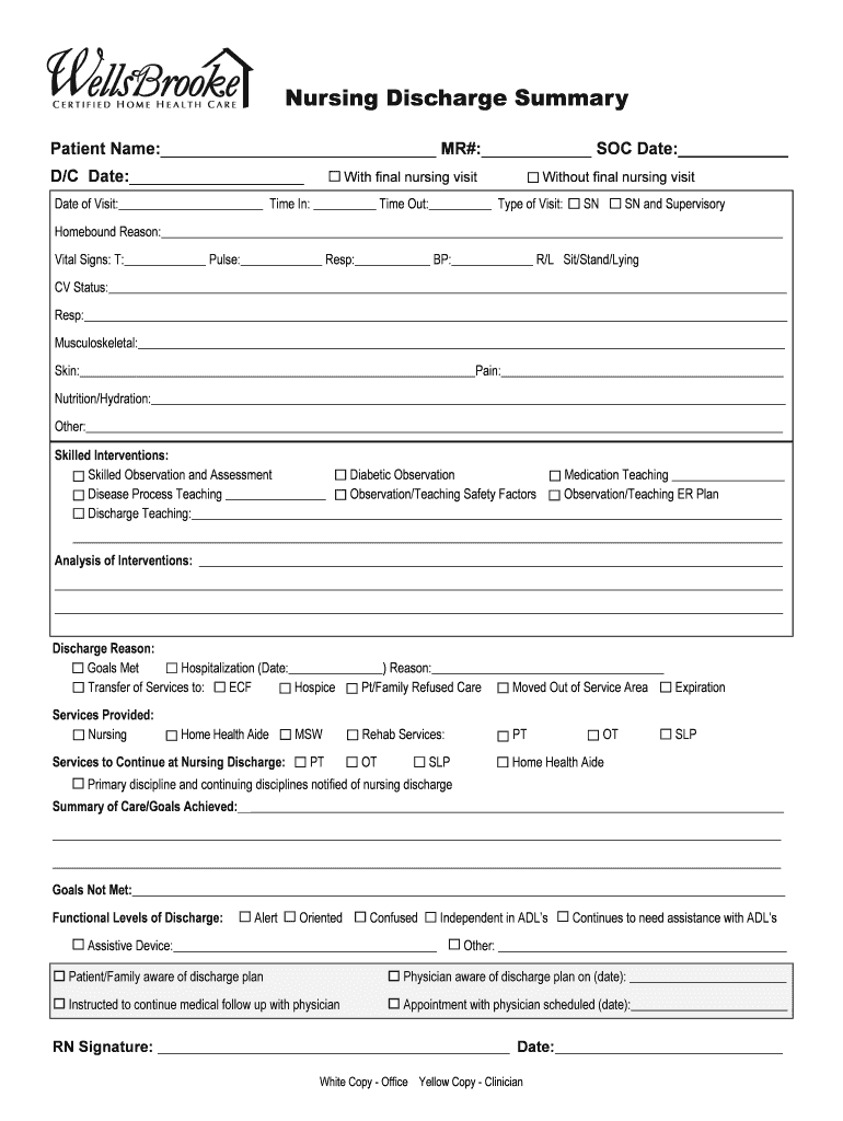 Fillable Online Nursing Discharge Summary Fax Email Print - pdfFiller