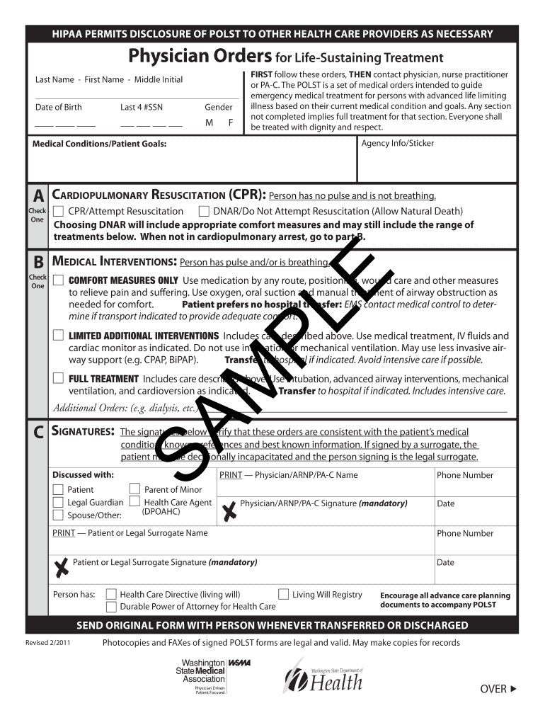 Fillable Online The POLST is a set of medical orders intended to guide ...