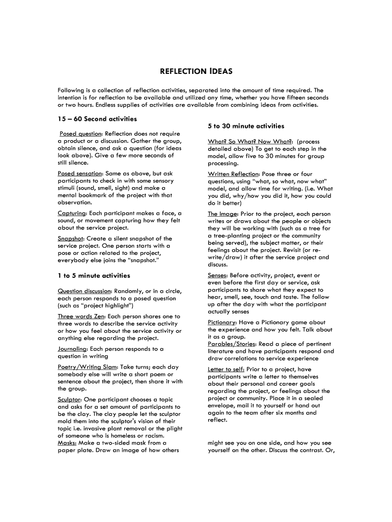 Fillable Online REFLECTION IDEAS Fax Email Print - pdfFiller