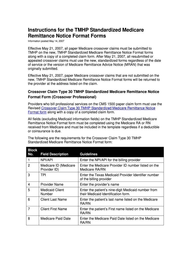 Fillable Online Instructions for the TMHP Standardized Medicare Fax ...