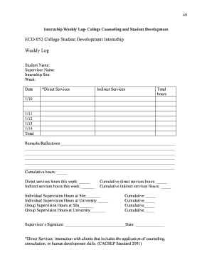 Fillable Online Internship Weekly Log- College Counseling and Student ...
