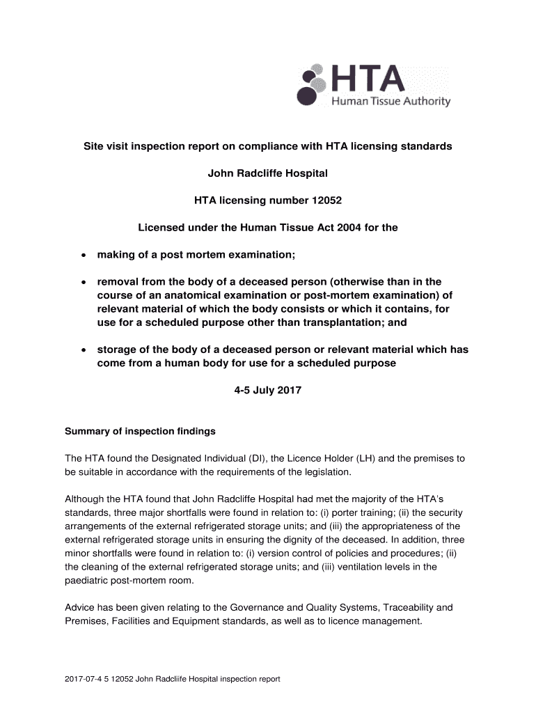 Fillable Online Site visit inspection report on compliance with HTA ...