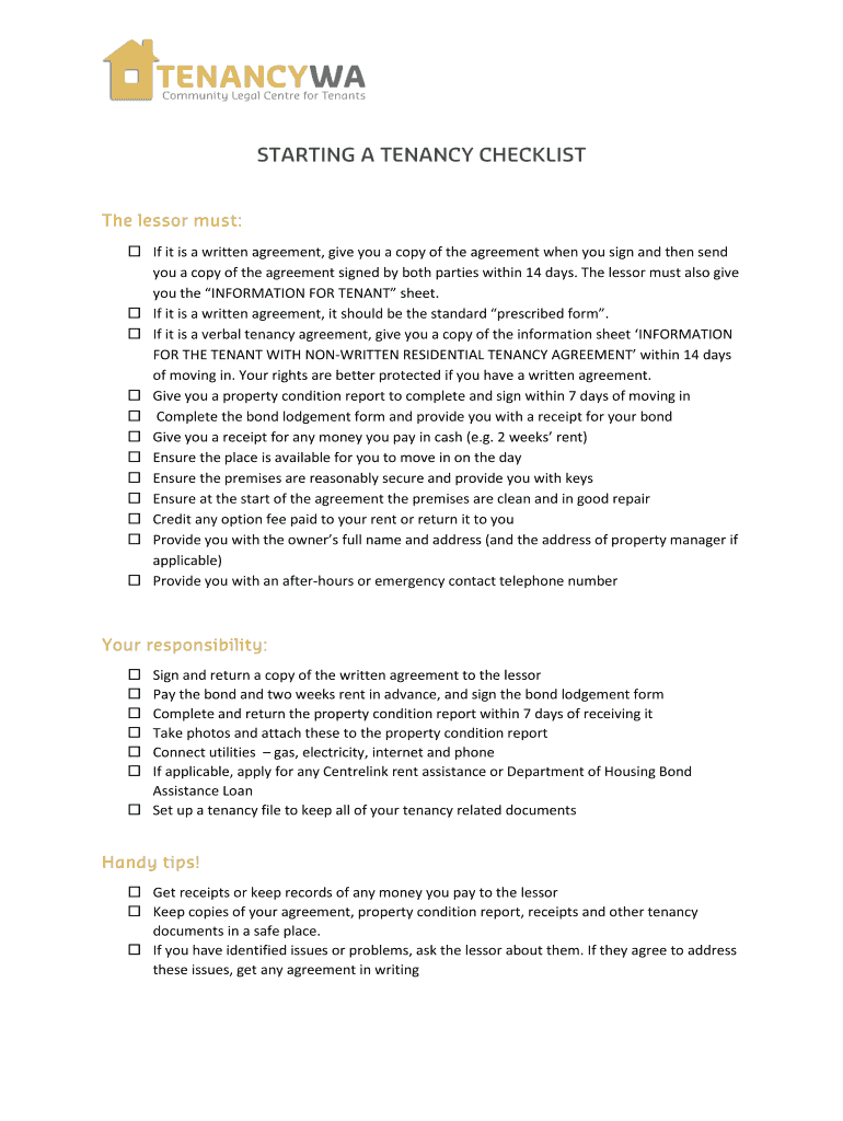 Fillable Online STARTING A TENANCY CHECKLIST Fax Email Print - pdfFiller